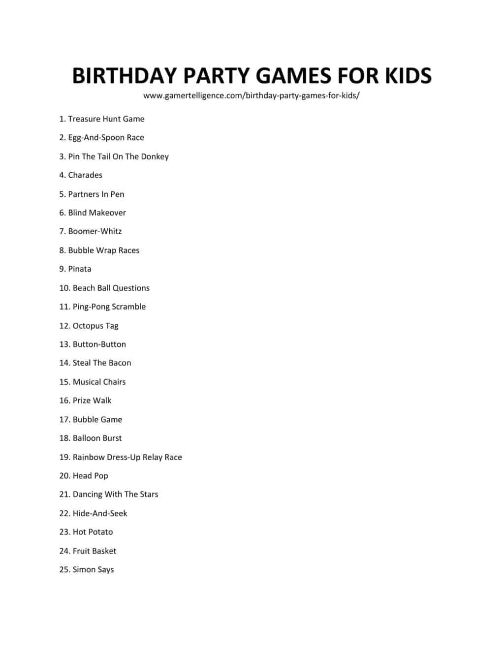 Birthday Party Games Printable